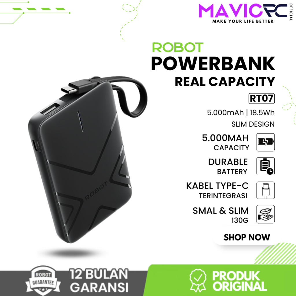 Jual ROBOT RT07 Powerbank Mini 5000mAh Real Capacity Fast Charging 18W ...