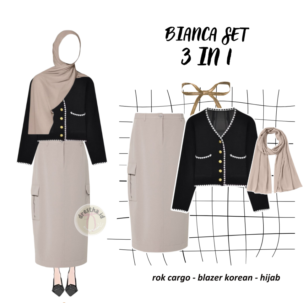 Jual Setelan Bianca Set 3in1 Rok Cargo - Blazer Korean - Hijab Korean Style Bukber Series ...