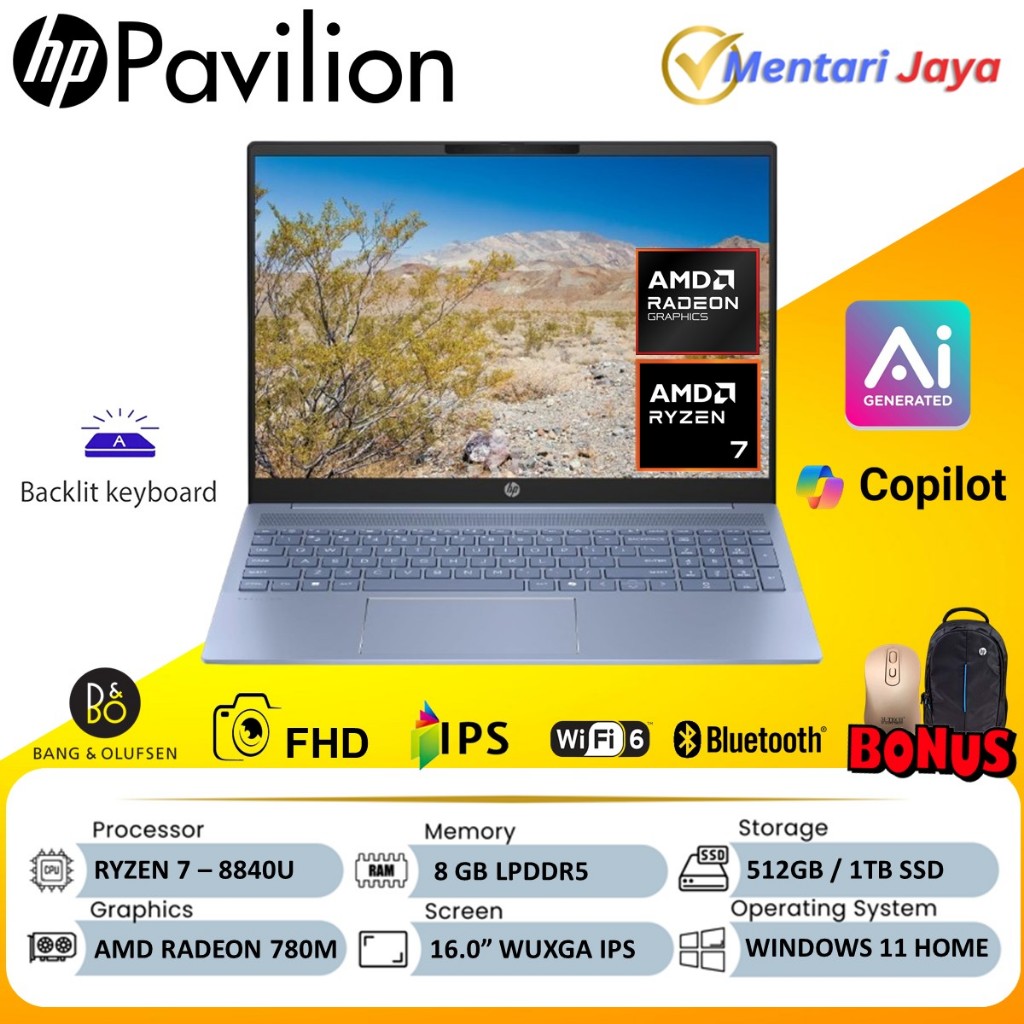 Jual HP Pavilion 16 RYZEN 7 8840 8GB 1TB SSD Radeon 780M 16.0 WUXGA IPS ...