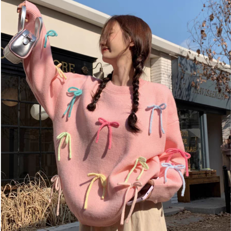 Jual Cardigan Sweater Knit Busur Candy Pullover Wanita Cardigan Pita Knitwear Lucu Top Rajut ...