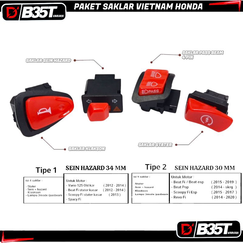 Jual PAKET SAKLAR HONDA TOMBOL MERAH VIETNAM SAKLAR STATER KLAKSON SEN ...