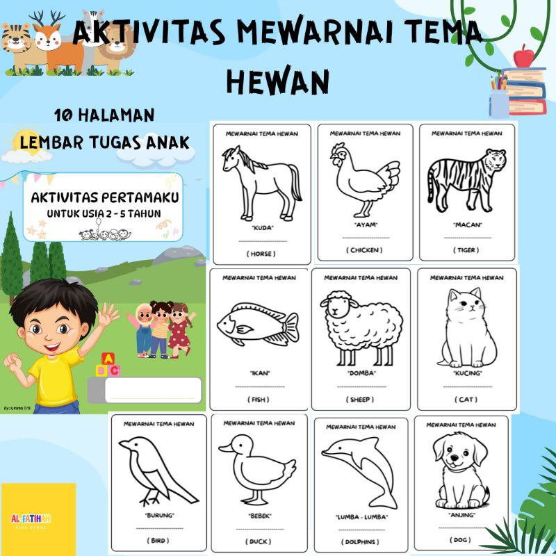 Jual 10 HALAMAN WORKSHEET MEWARNAI TEMA HEWAN LEMBAR TUGAS ANAK USIA 2 ...