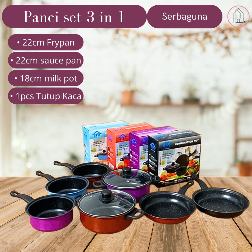 Jual Panci Set 3 IN 1 Anti Lengket Panci Isi 3 Tutup Kaca Panci Set Pot Cookware Set Anti ...