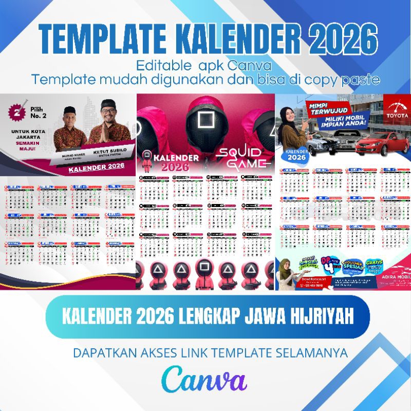 Jual Template Kalender 2026 ( 1 Lembar 12 Bulan )Format Canva Lengkap Jawa Hijriyah dan Libur ...