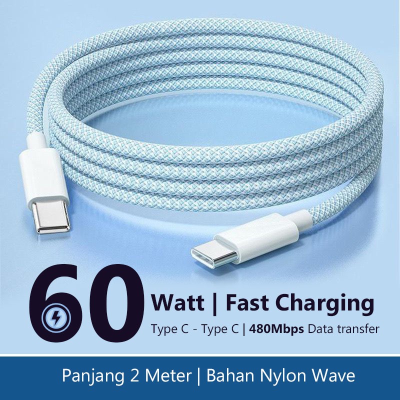 Jual Kabel Data Type C to Type C Panjang 2 Meter, 6A 60W Fast Charging ...