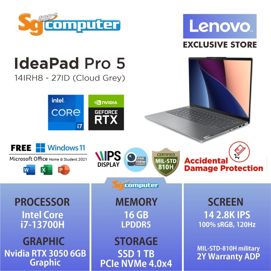 Jual Lenovo Ideapad Pro 5 14IRH8 Intel Core i7 13700H 16GB 1TB 14 2.8K IPS W11 OHS IP5-27ID IP5 ...