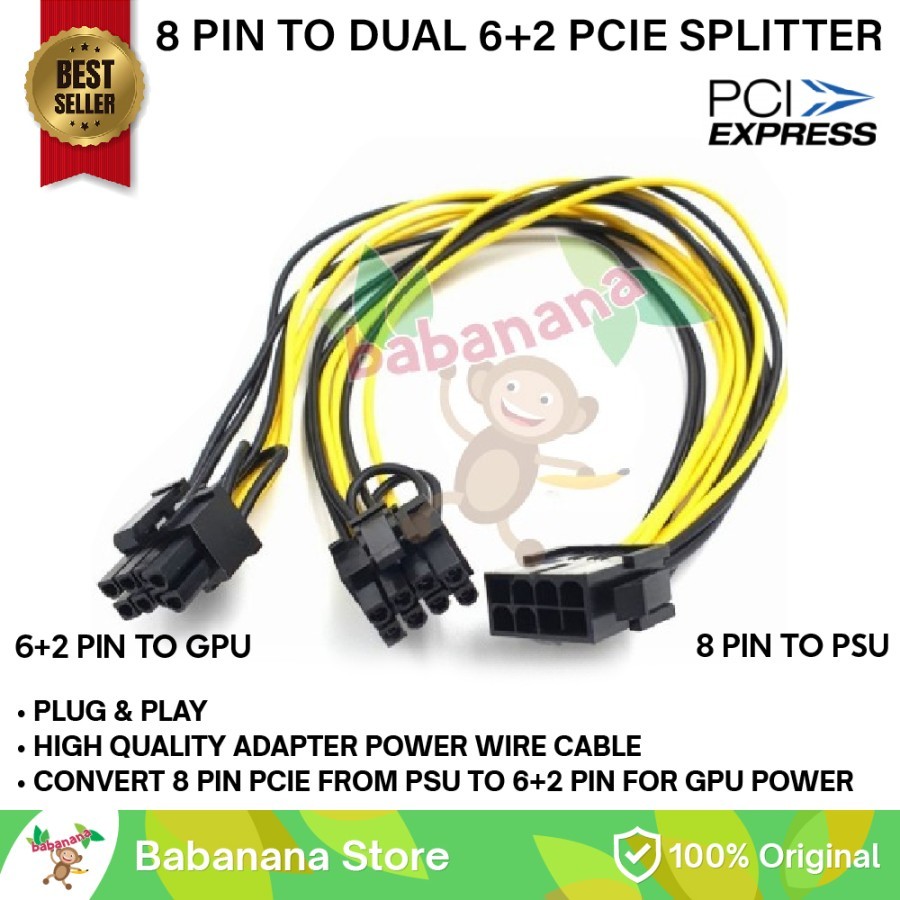 Jual Kabel Splitter power PCIE 8 pin female to dual 6+2 pin male cabang ...