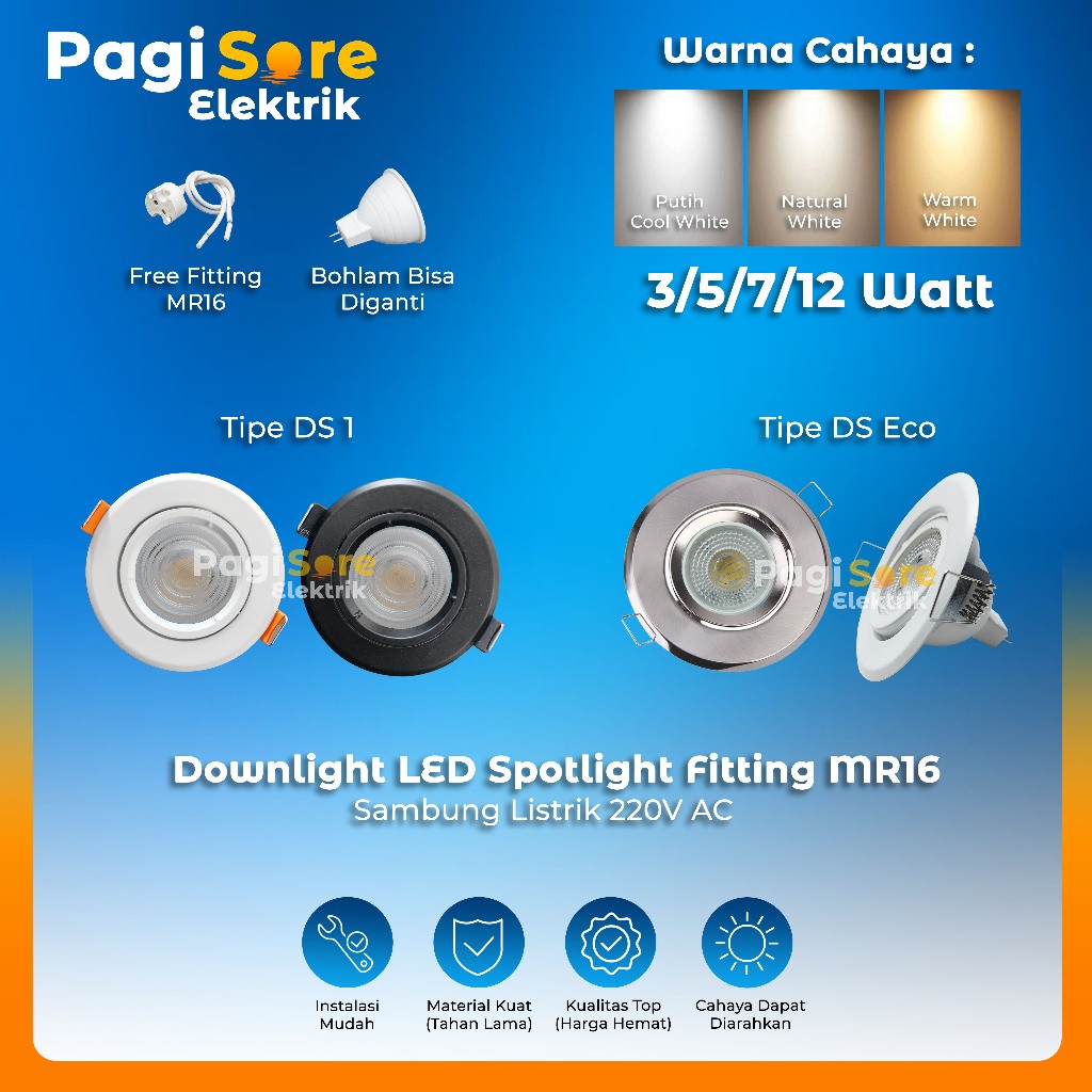 Jual Lampu Downlight Sorot LED Plafon 3W 5W 7W 12W MR16 Spotlight Putih Warm White Natural ...
