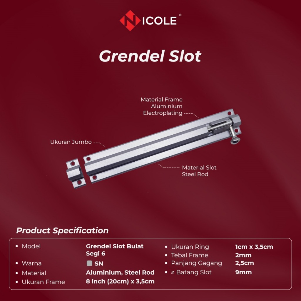 Jual Nicole Grendel Kunci Slot Besar Pintu Segi 6 SN Ukuran 8 inch / 18 ...