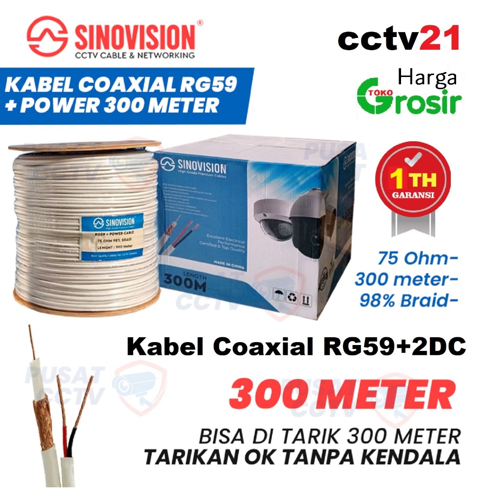 Jual Kabel Coaxial Terbaik Sinovision RG59+Power DC 300M Tarikan Utk Gambar Bisa Sampai 300M OK ...
