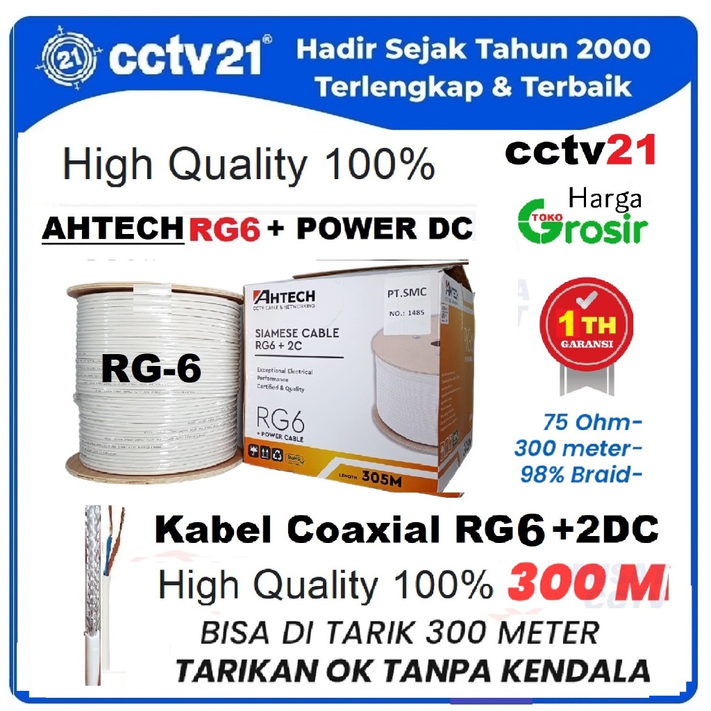 Jual Kabel Camera cctv Coaxial AHTECH RG6 + Power 300M Tarik Sampai ...