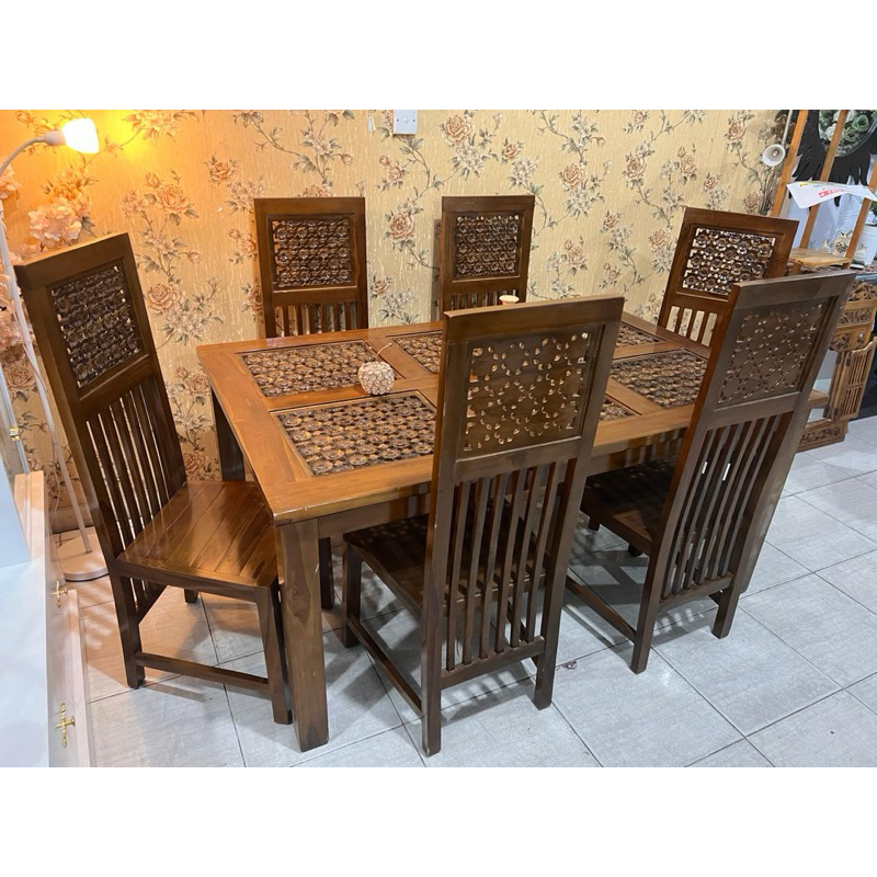 Jual Meja makan minimalis jati Set meja makan minimalis 6 kursi jati meja makan ukiran bunga ...