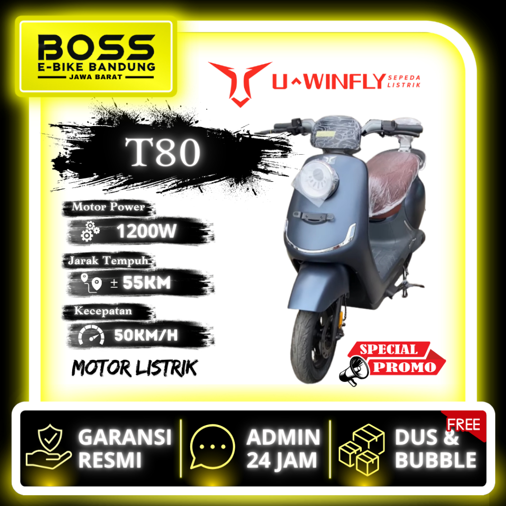 Jual Motor Listrik Uwinfly T80 1200Watt 60/20Ah Skuter Listrik Moped ...