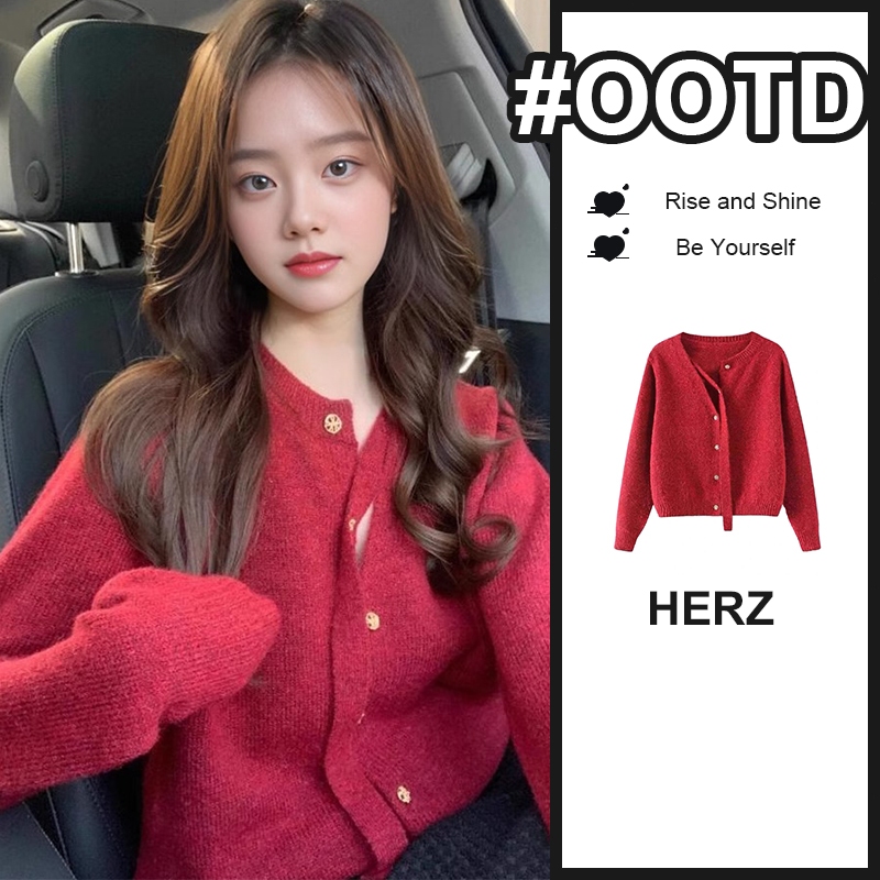 Jual Merah Sweater Cardigan Lengan Panjang Desainer dengan Kancing Emas ...