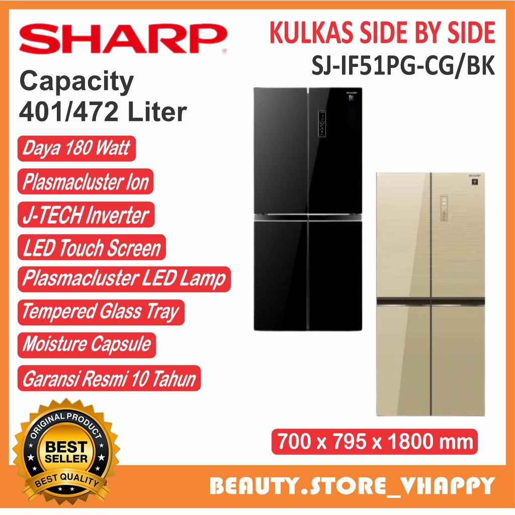 Jual Kulkas Side By Side Sharp 4 Pintu 401/472 Liter SJ-IF51PG-CG/BK Inverter Murah Garansi ...