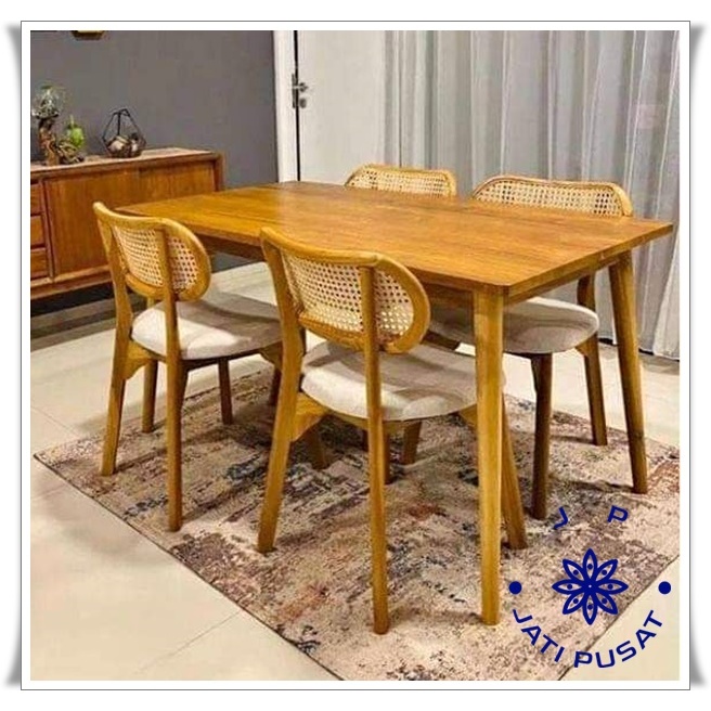Jual Set meja makan 4 kursi rotan kayu jati lengkap busa dudukan | Shopee Indonesia