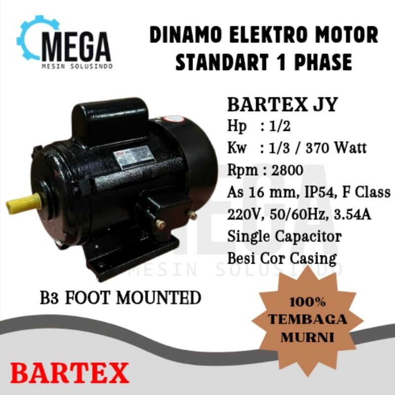 Jual BARTEX Elmot 1 Phase 1/2 HP 1/4 KW rpm2800 Full Tembaga 2 pole Single Capacitor -- Dinamo ...