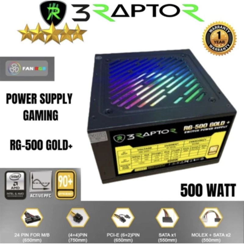 Jual Power Supply PSU 3PowerUp RAPTOR RG-500 Gold+ 500W Fan RGB Garansi ...