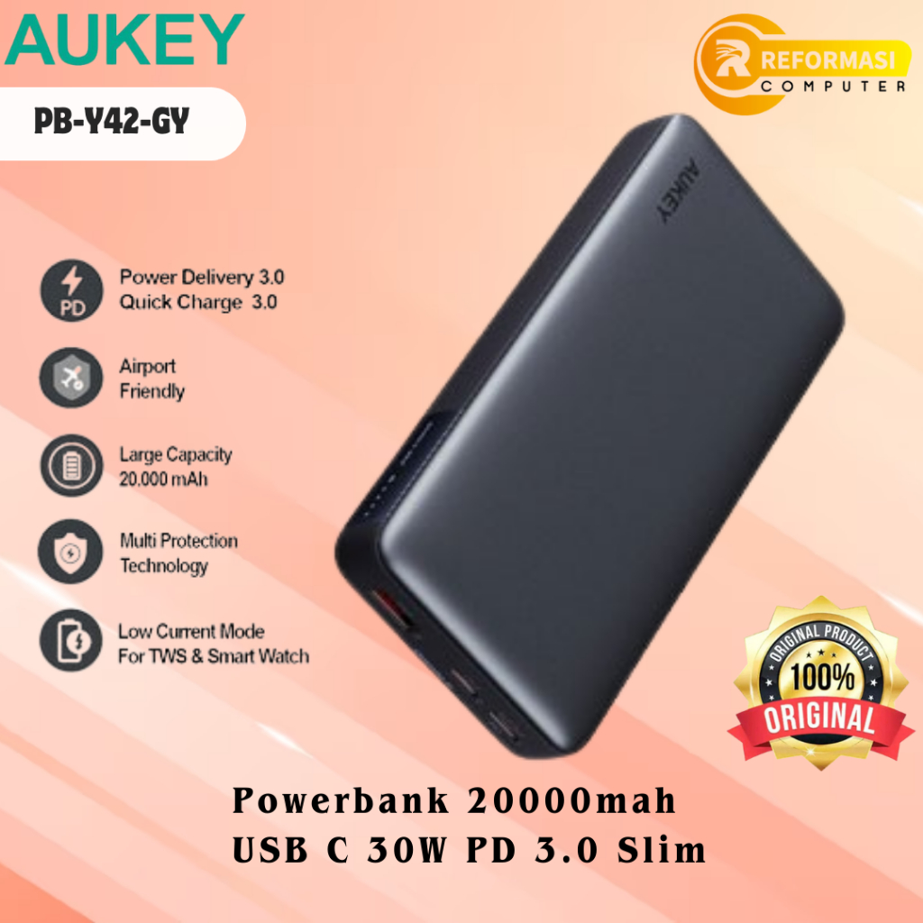 Jual AUKEY Powerbank 20000mah PB-Y42-GY USB C 30W PD 3.0 Slim | Shopee Indonesia