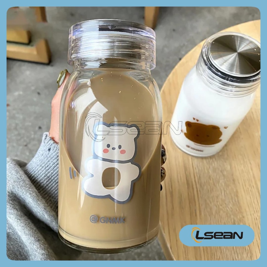 Jual Botol Air Minum Kaca Transparan Lucu Aesthetic Bear Coffee Glass ...
