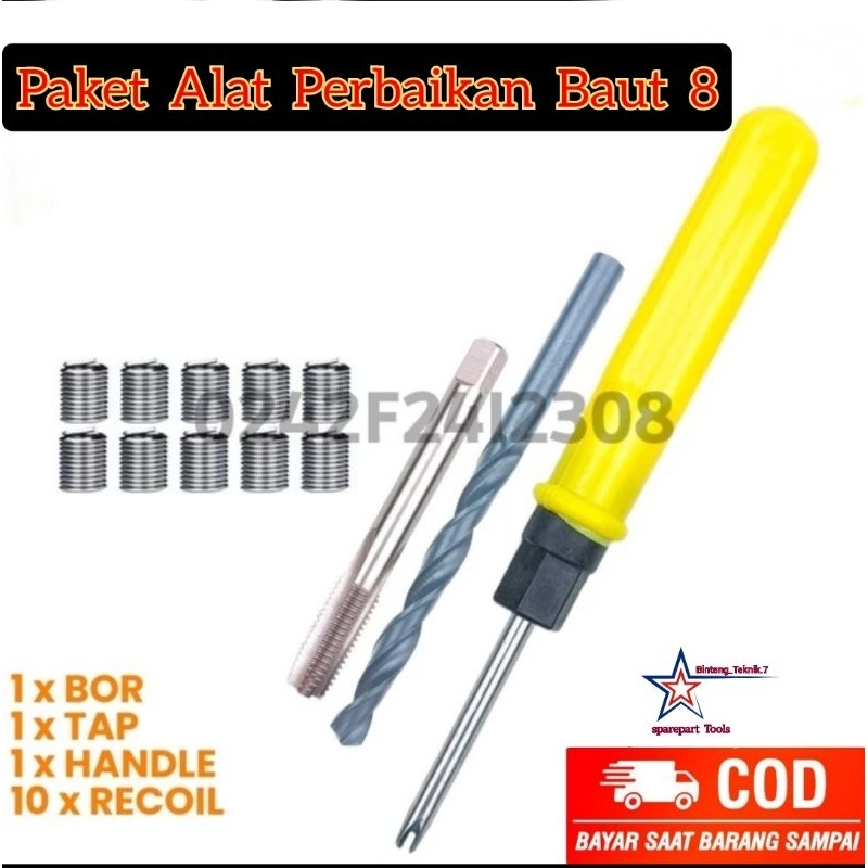 Jual Paket Alat Reparasi Drat Baut 12 10pcs Recoil M8 Set Handle dan ...