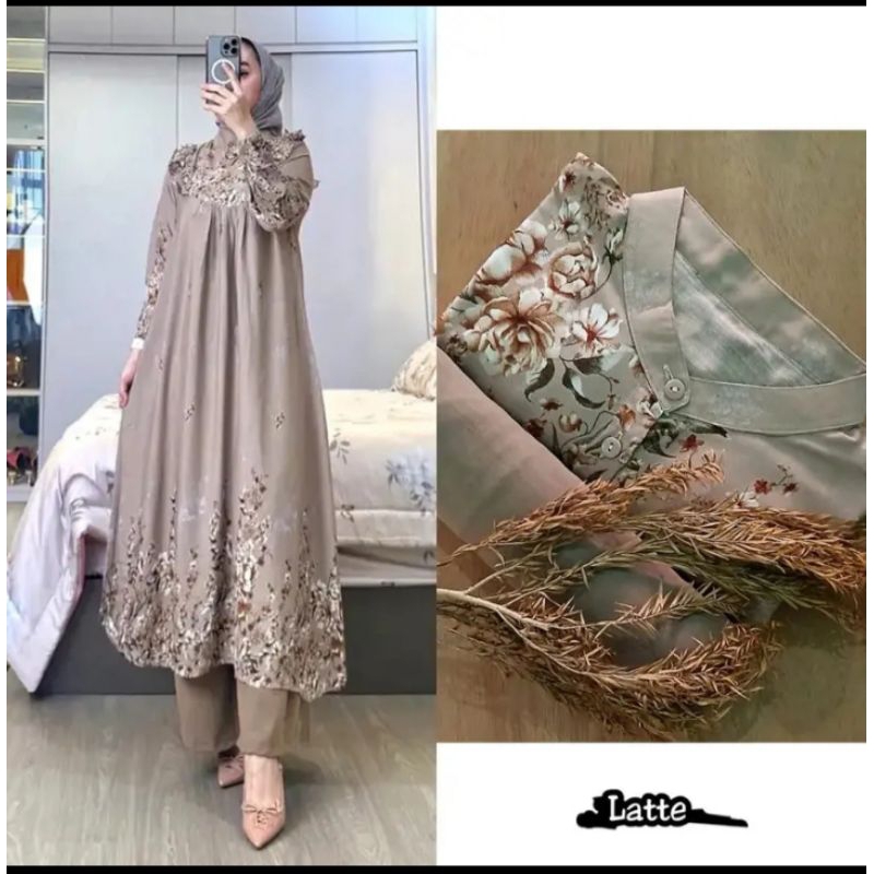 Jual Setelan Wanita Setelan Tunik Motif Bahan Rayon Lengan Panjang ...