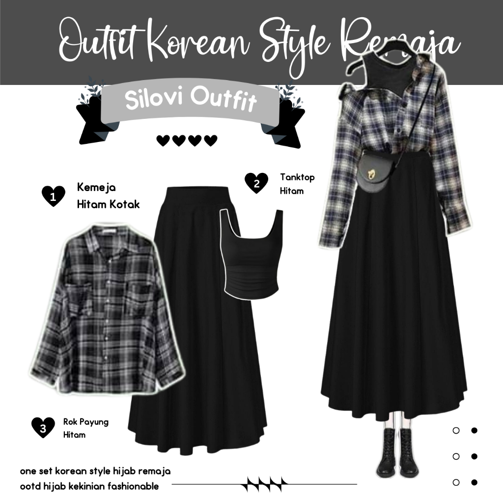 Jual SND - AS04 | OOTD hijab remaja (Tanktop Hitam, Kemeja Kotak, Rok ...