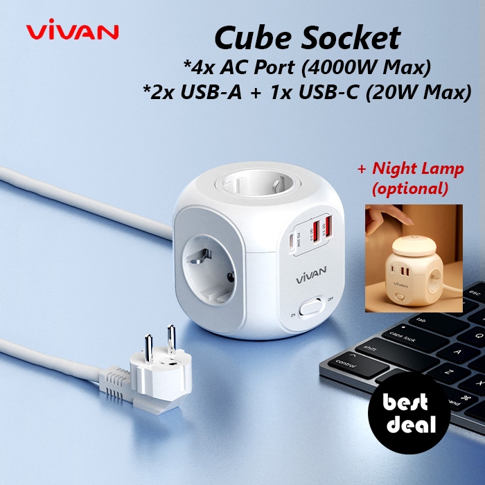 Jual Vivan VPS-H008A 7in1 CUBE SOCKET 4 Lubang Stop Kontak AC + 2 USB-A + 1 USB-C (20w Max ...