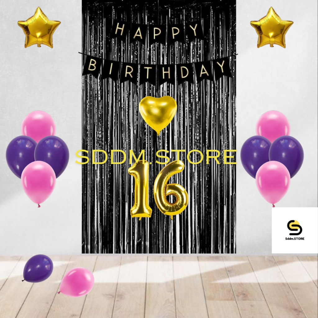 Jual PAKET DEKORASI ULANG TAHUN TIRAI HITAM LENGKAP BALON ANGKA Biru ...