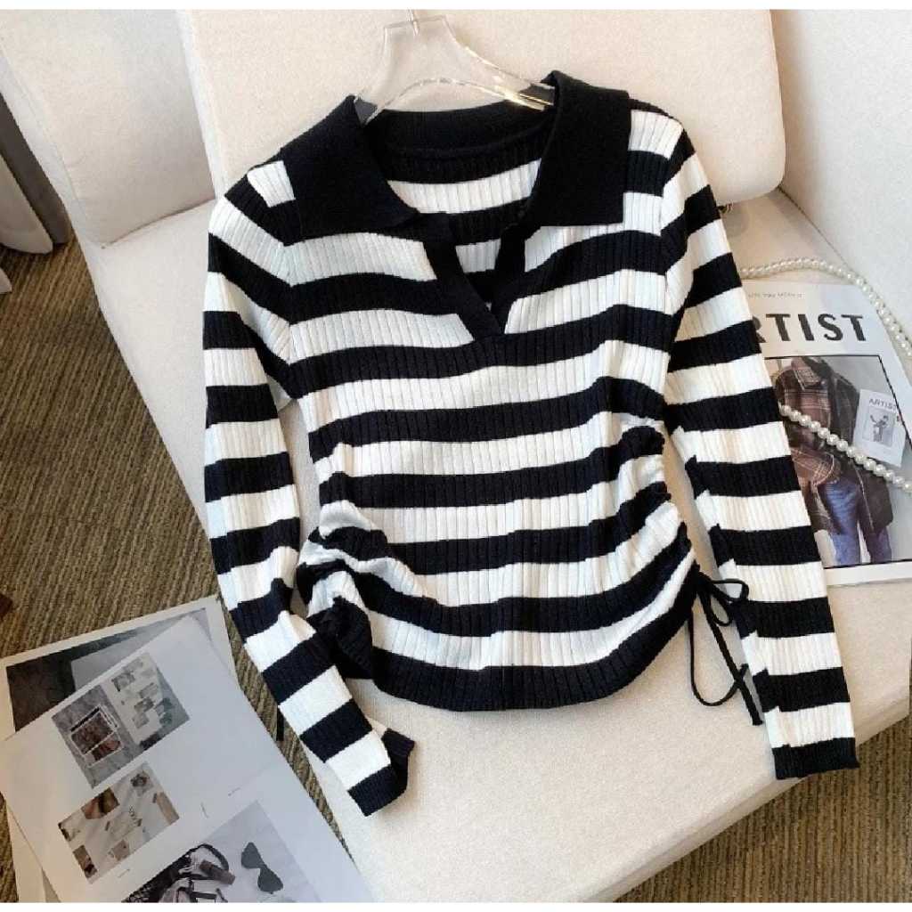 Jual Kaos Berkerah V Neck Tali Samping Serut Korea Style Baju Rajut Wanita Terbaru / Atasan ...