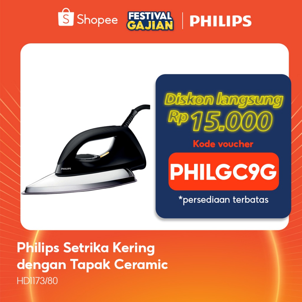 Jual Philips Setrika kering HD1173/80 Hitam, Ceramic 4 Lapis, Anti ...