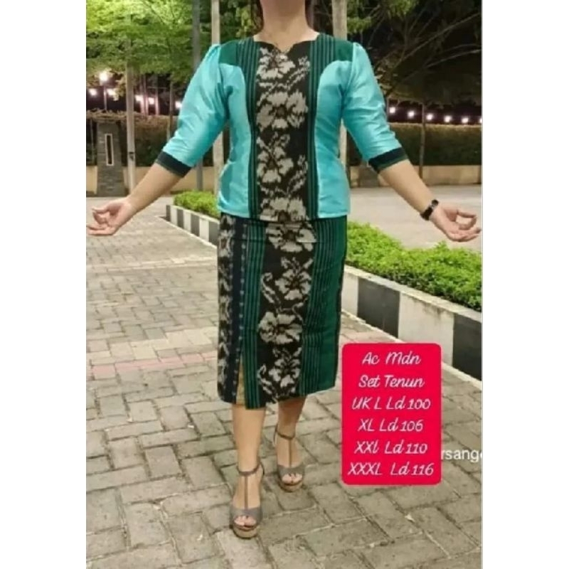 Jual setelan baju tenun etnik mix kombinasi polos | Shopee Indonesia