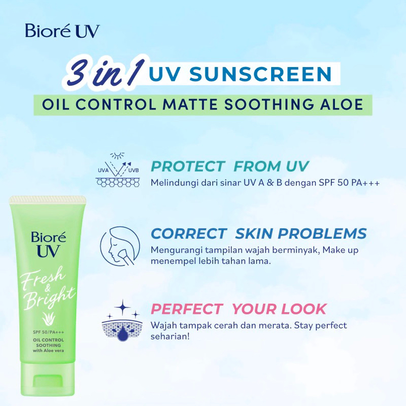 Jual Biore UV Fresh & Bright Oil Control SOOTHING Aloe Vera SPF 50 30gr ...