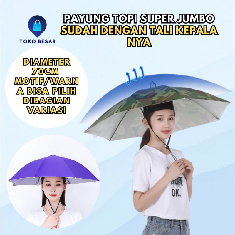 Jual Payung Panci Kepala Topi Payung Besar Anti UV Dengan Tali Headband Kokoh Tebal 8 Tulang ...