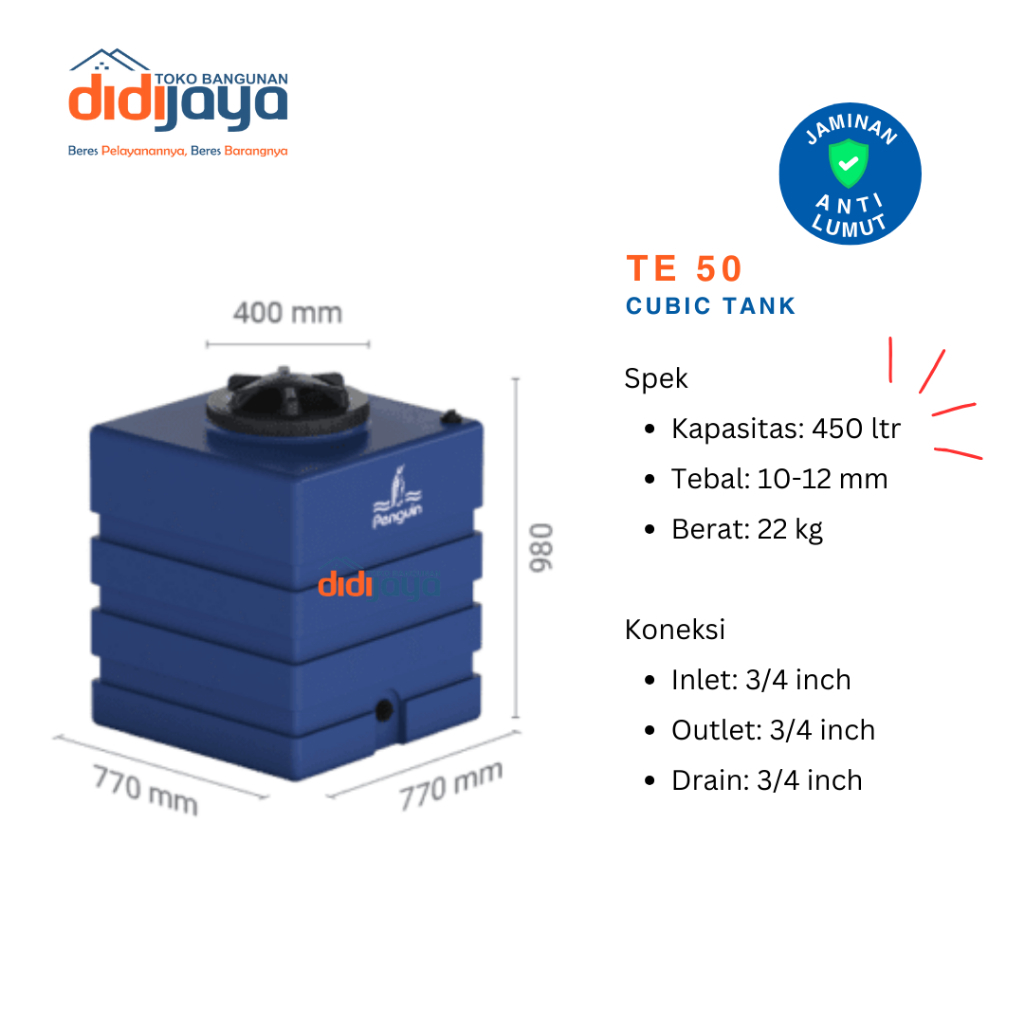 Jual Tandon Air Kotak Kubik Penguin TE 50 450 Liter | Toren Air ...