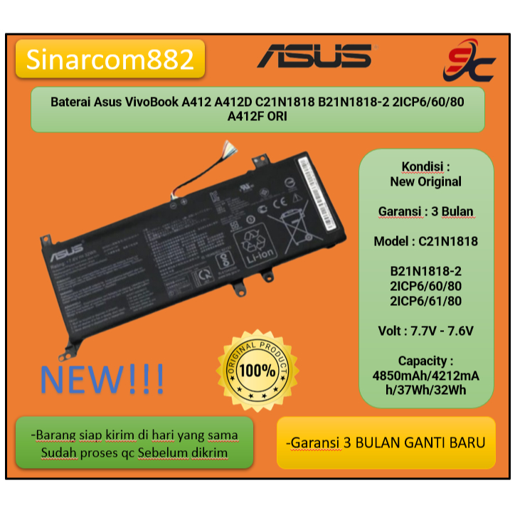Jual Baterai Asus VivoBook A412 A412D C21N1818 B21N1818-2 2ICP6/60/80 A412F Original | Shopee ...