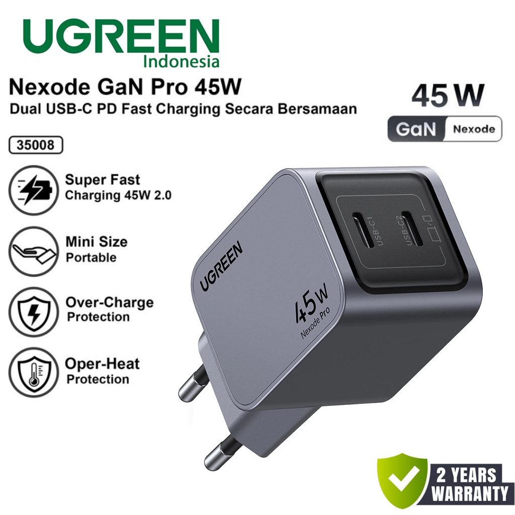 Jual UGREEN 35008 Adaptor Charger Nexode Gan Pro 45W Dual Port 2 Type C ...