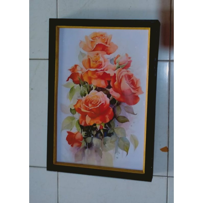 Jual hiasan dinding poster bunga mawar plus bingkai ukuran 53×35 ...