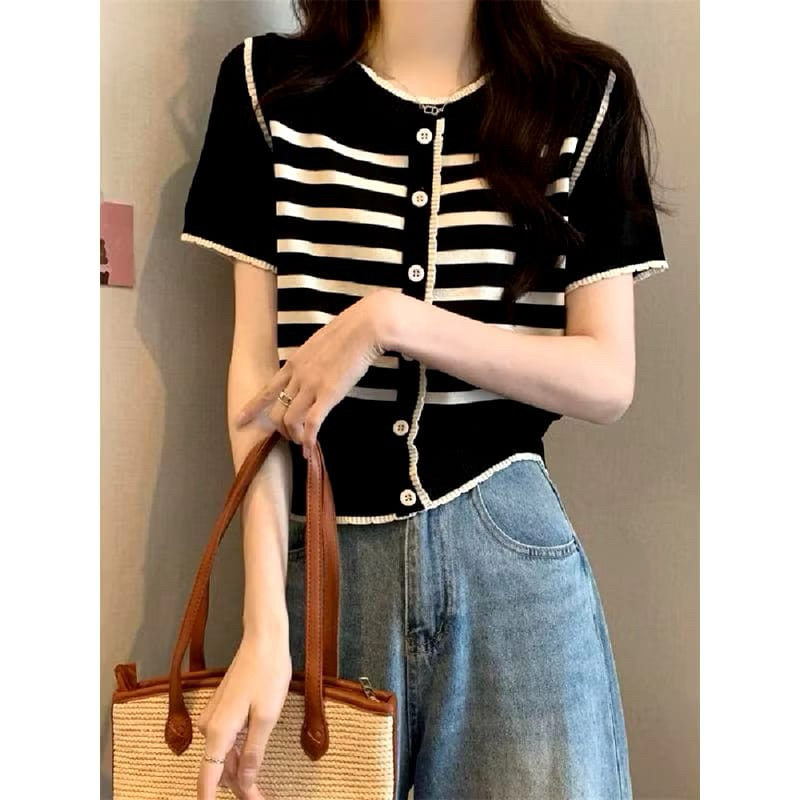 Jual Blouse Salur Atasan Wanita Lengan Pendek Atasan Knit Striped Bahan Rajut Kancing Variasi ...