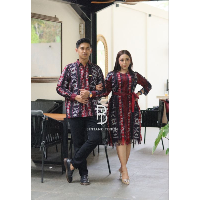 Jual READY STOCK SET COUPLE BAJU TENUN DRESS TENUN MAWAR MERAH KEMEJA TENUN PRIA BAJU PESTA BAJU ...