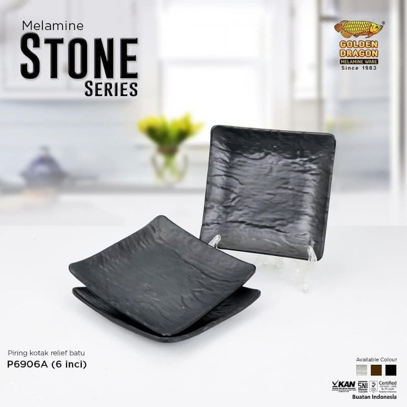 Jual LS- Melamin stone piring kotak relief batu 6 inch piring desssert ...