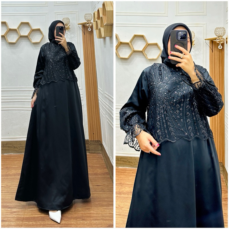 Jual ALDI BUSANA - Ayana Dress Gamis Pesta Hitam Silk Mix Tile Mewah ...