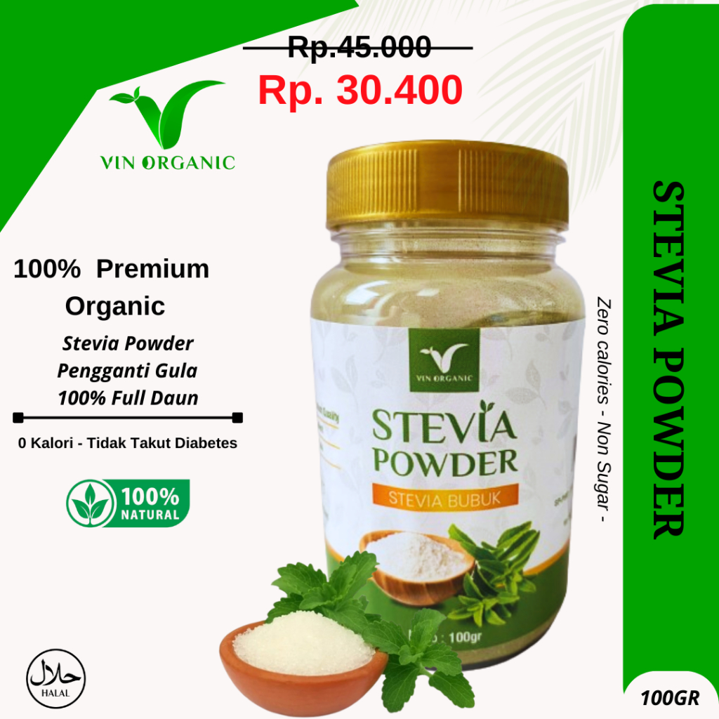 Jual VIN ORGANIC Stevia Powder 100gr / Gula Stevia Bubuk Pemanis Untuk ...