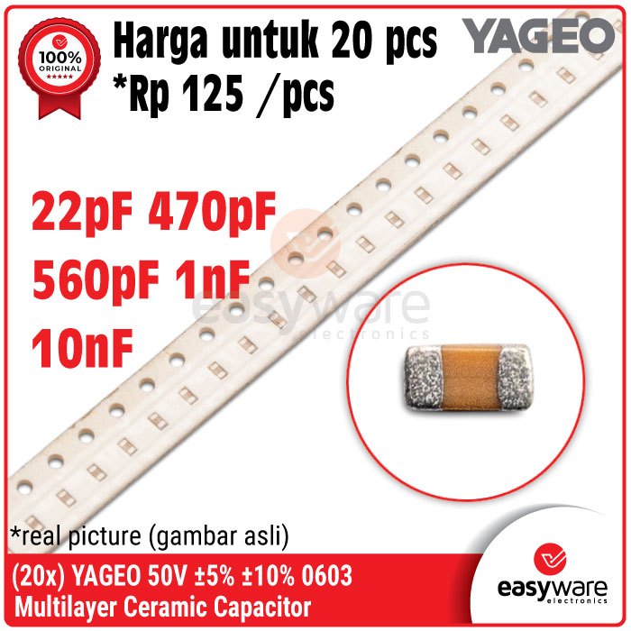 Jual 20pcs YAGEO 0603 Capacitor 50V ±5% ±10% X7R NP0 C0G 22pF 470pF 560pF 1nF 10nF Multilayer ...