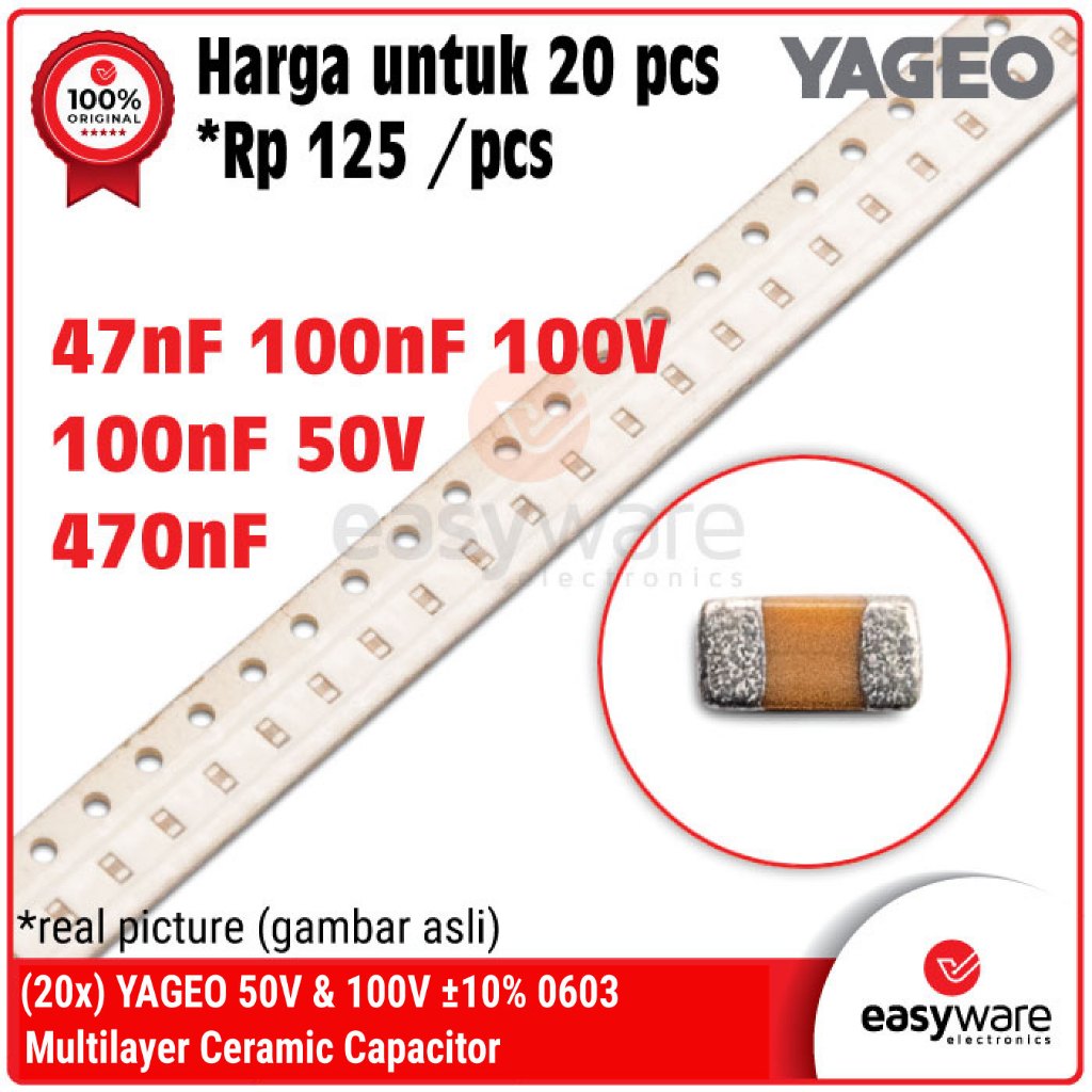 Jual 20pcs YAGEO 0603 Capacitor 50V 100V ±10% X7R 47nF 100nF 470nF Multilayer Ceramic Kapasitor ...