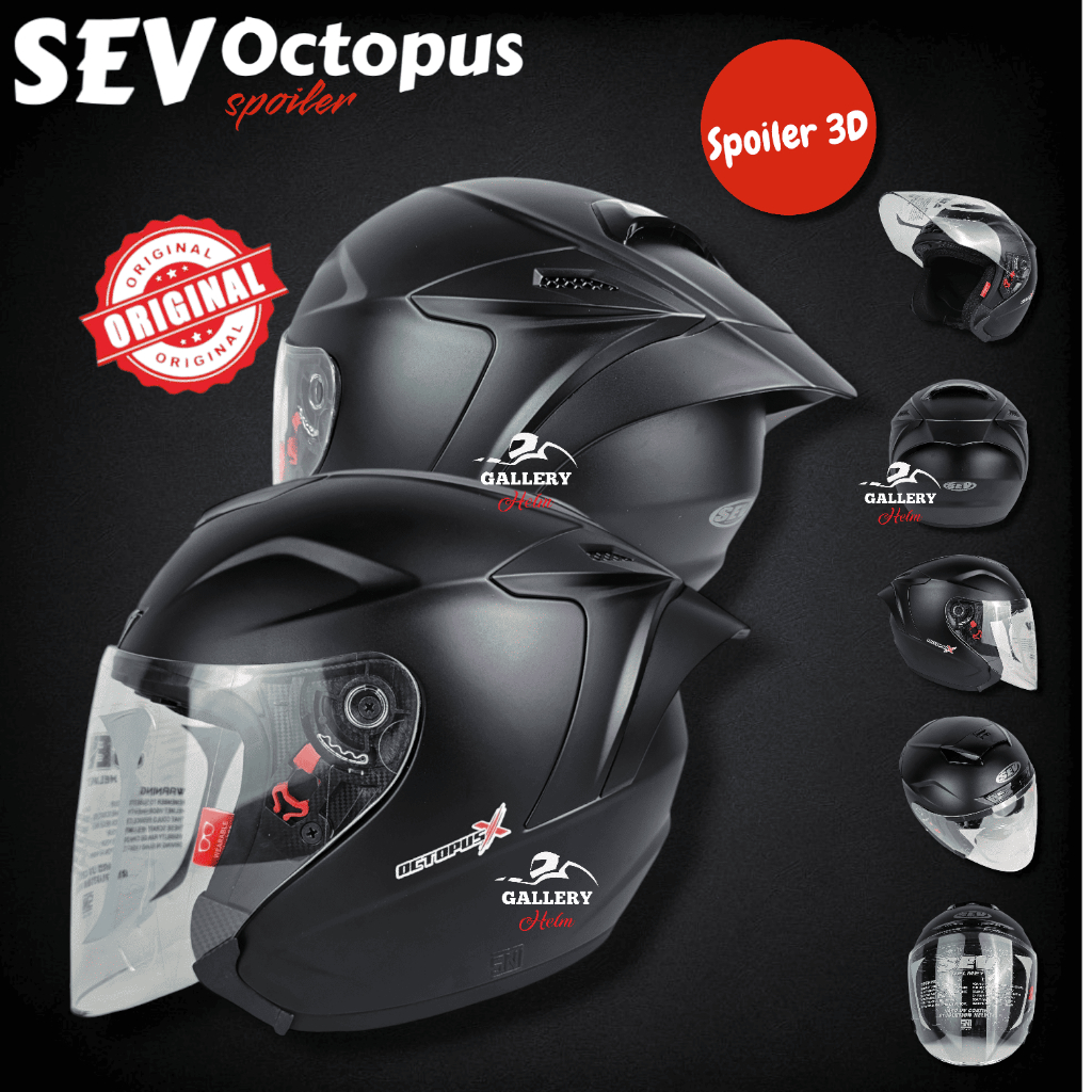 Jual SEV Octopus X- Helm Half Face Solid Hitam Doff - Include Spoiler ...