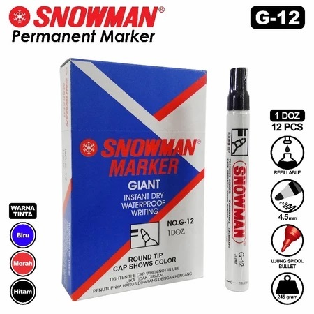 Jual Spidol SNOWMAN Permanent Marker G 12 Tinta Permanen Hitam Biru ...