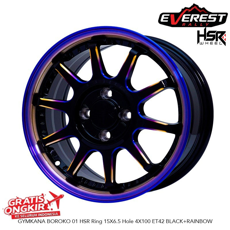 Jual VELG RACING HSR GYMKANA RING 15 LEBAR 65 BAUT 4X100 WARNA BLACK RAINBOW UNTUK MOBIL BRIO ...