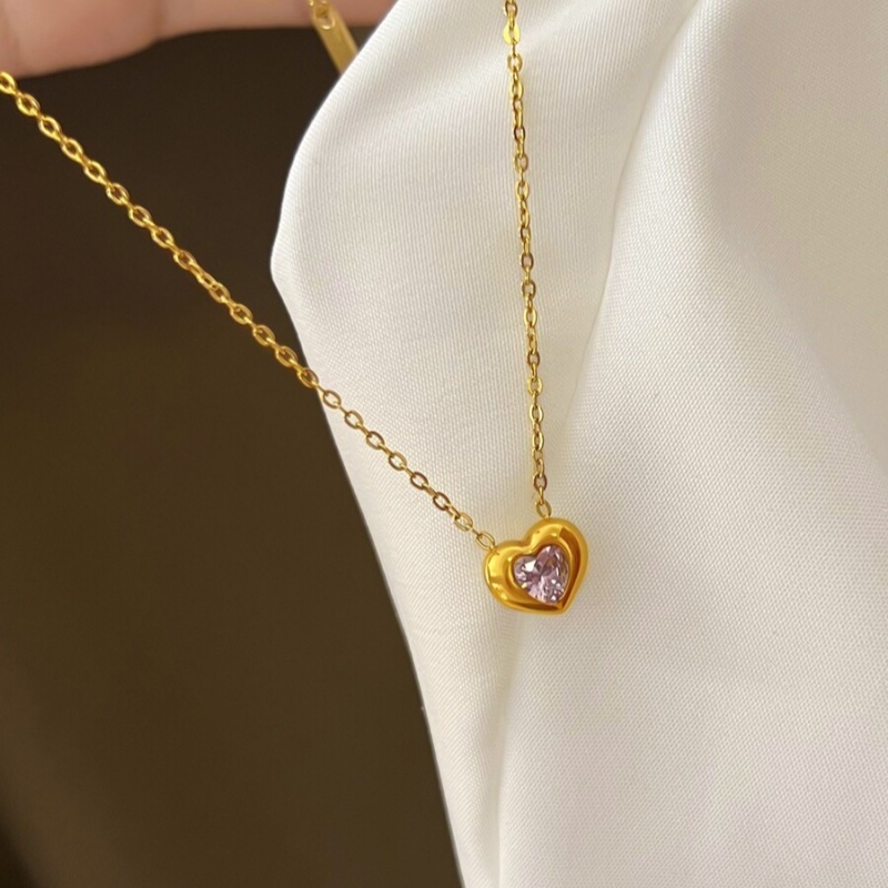 Jual Kalung titanium tahan karat hati zirkon merah muda sederhana untuk ...