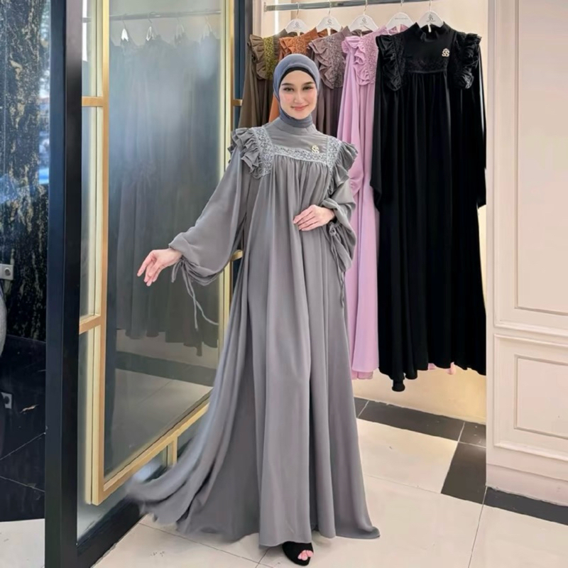 Jual SHELLASAUKIA GAMIS LENGAN SERUT RENDA BAHU | Shopee Indonesia